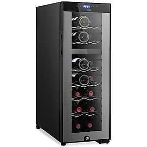 NutriChef PKCWCDS182 18 Bottle Fridge | Dual Zone Chiller | Adjustable Temperature 41°F to 64°F | Ultra Quiet Operation | Wine Cooler for Home, & Office | Free Standing 32x11x26 in (Black)