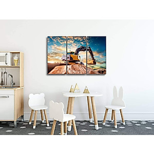 YKing1 Excavator at a Construction site Against The Setting Sun Wall Art Painting Pictures Print On Canvas Stretched & Framed Artworks Modern Hanging Posters Home Decor 3PANEL