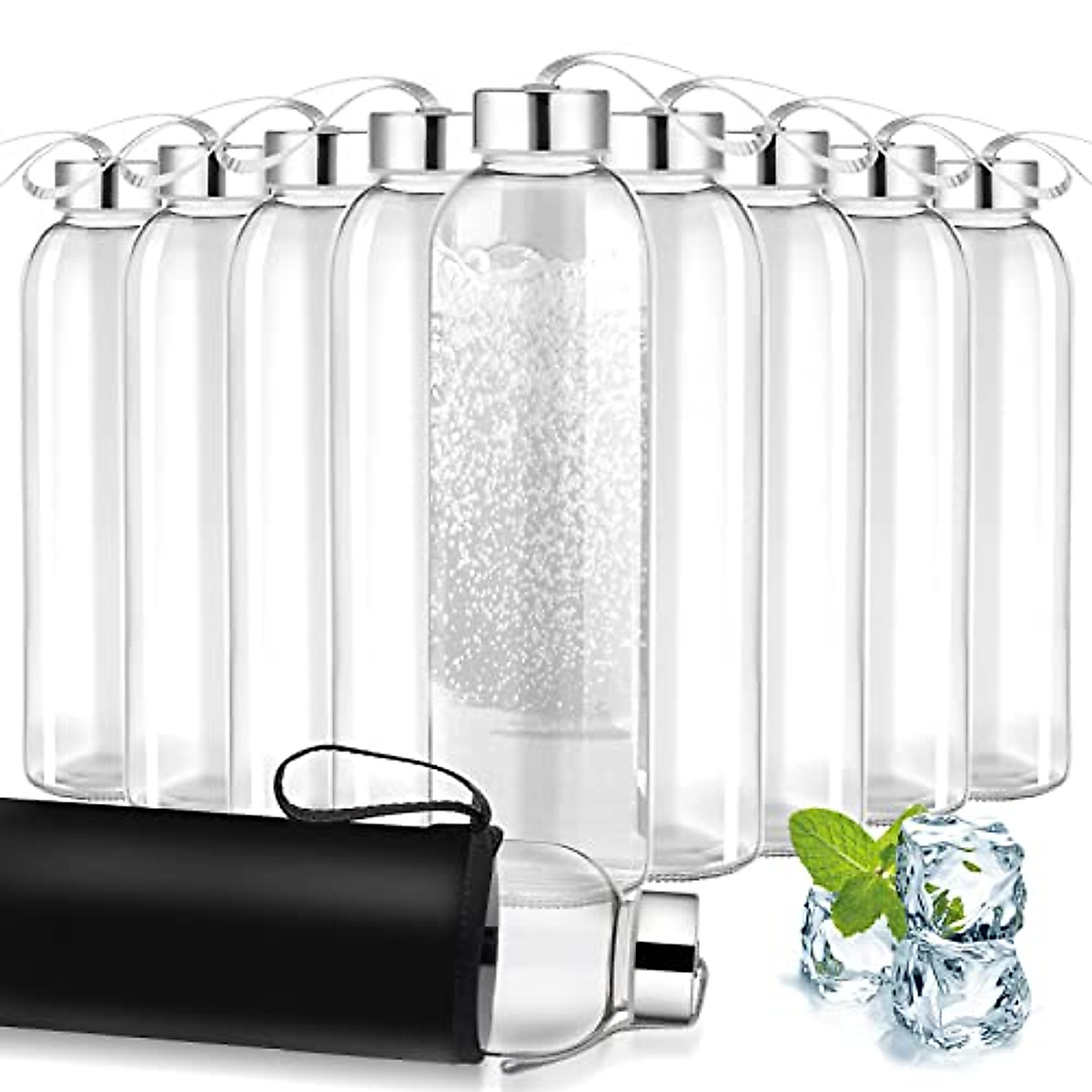 Eccliy 10 Pack 24 oz Glass Water Bottles Sets with Stainless Steel Lids and Sleeves Reusable Refillable Airtight Clear Glass Bottles with Carrying Loop for Juicing Beverages Travel Home Workout
