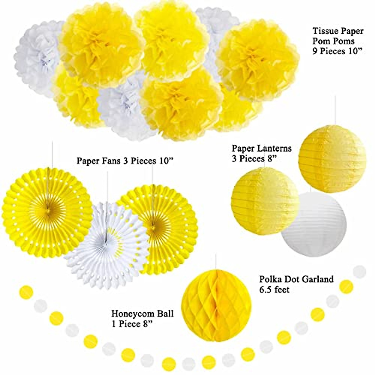 ANSOMO Yellow and White Party Decorations for Birthday Bridal Baby Shower Wedding Graduation Sunflower Wall Hanging Décor Tissue Pom Poms Paper Fans Lanterns