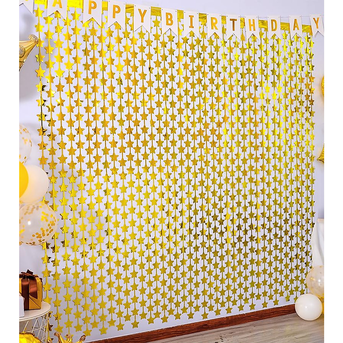 LOLStar 2 Pack Gold Stars Birthday Decorations 3.3X6.6 ft Each Glitter Gold Backdrop Foil Fringe Curtains,Bridal Baby Shower Decorations Perfect for Wedding Anniversary Graduation Party Decorations