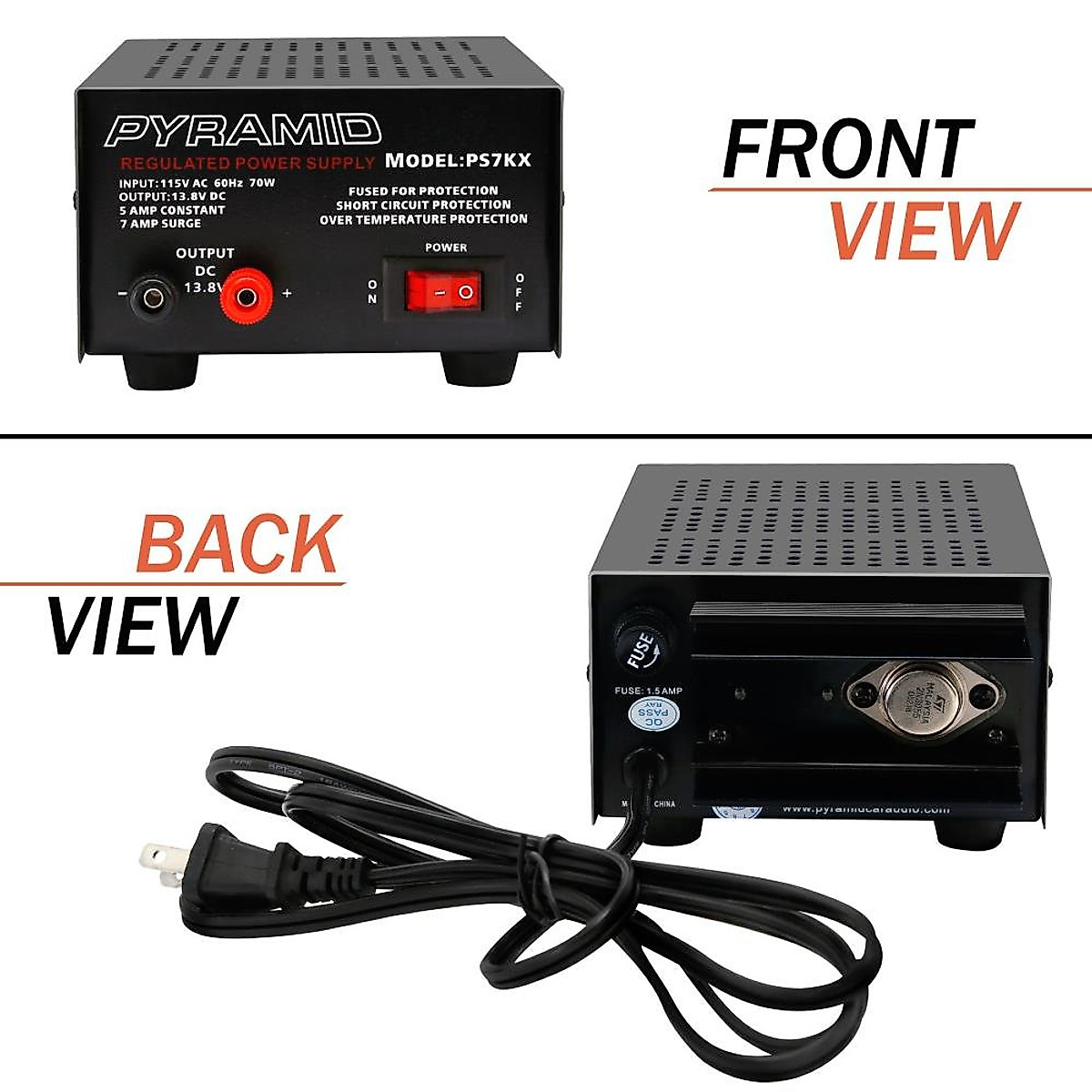 Pyramid Universal Compact Bench Power Supply - 5 Amp Linear Regulated Home Lab Benchtop AC-to-DC 12V Converter w/ 13.8 Volt DC 115V AC 70 Watt Power Input, Screw Type Terminals, Cooling Fan - PS7KX
