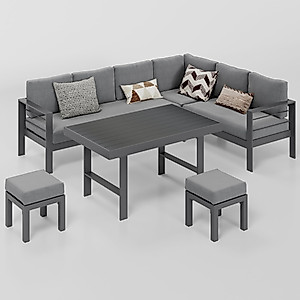 Wisteria Lane Aluminum Outdoor Patio Furniture Set, Metal Outside Patio Furniture Conversation Sets with Dining Table&2 Ottomans, Sectional Sofa Couch Seating Set with Cushion for Backyard