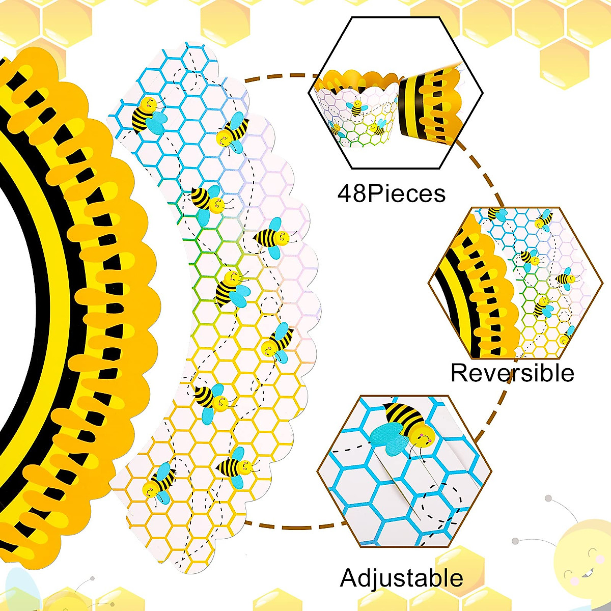 48 Pieces Honey Bee Cupcake Wrappers Reversible Bee Cup Cake Holder Honey Bee Scalloped Cupcake Holder Yellow and Black Stripes Cup Cake Wrappers, What Will It Be Gender Reveal Party Supplies