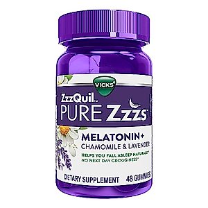 ZzzQuil PURE Zzzs, Melatonin Sleep Aid Gummies with Lavender, Valerian Root and Chamomile, Natural Wildberry Vanilla Flavor, Non-Habit Forming, Drug-Free, 48 Count
