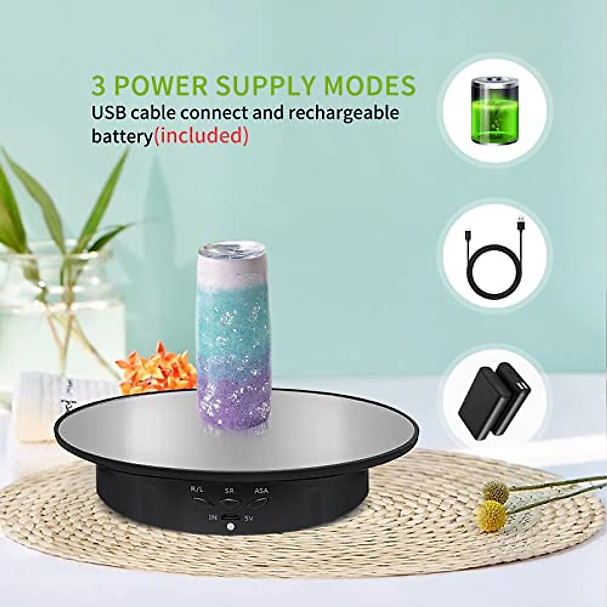ZLMONDEE Remote Spinning Rotating Display Stand ,Motorized Rotating Turntable Platform Lazy Susan with Mirror 7.87inch/17.6lb Load for Photography Products (Black)