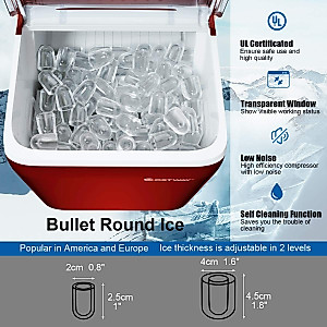 Ice Maker Countertop, Automatic Electric Ice Maker Machine w/Self-Cleaning Function, Portable Ice Machine with Ice Scoop and Basket (Red)