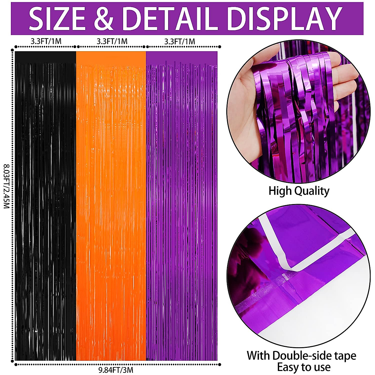 3 Pack Halloween Black Orange Tinsel Foil Fringe Curtain 8x9.84 Ft Backdrop Curtain Black and Orange Streamers for Home Outdoor Halloween Party Photo Booth Props Decorations