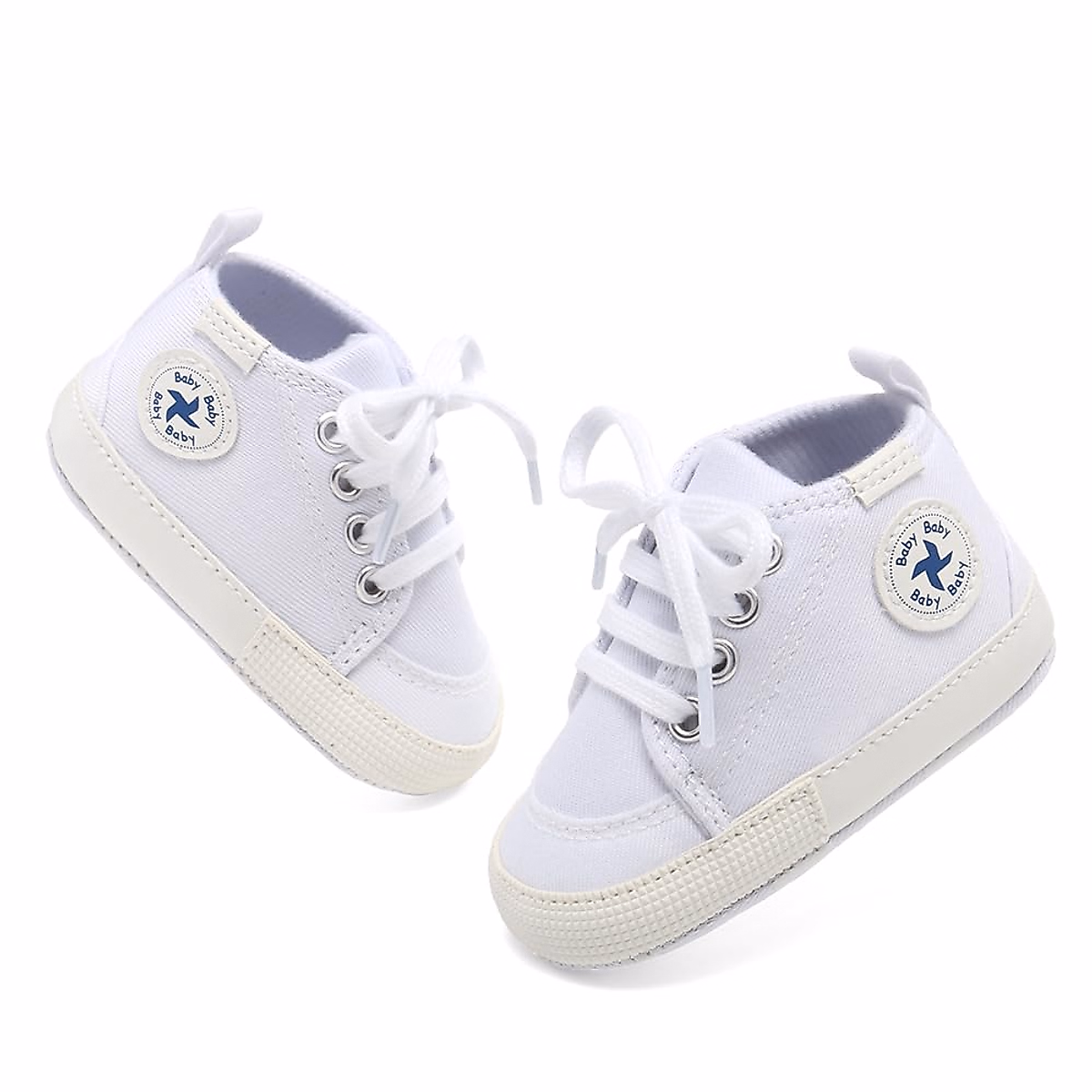 Baby Girls Boys Shoes Soft Anti-Slip Sole Newborn First Walkers Star High Top Canvas Denim Unisex Infant Sneaker (A01-White, 6-12 Months)