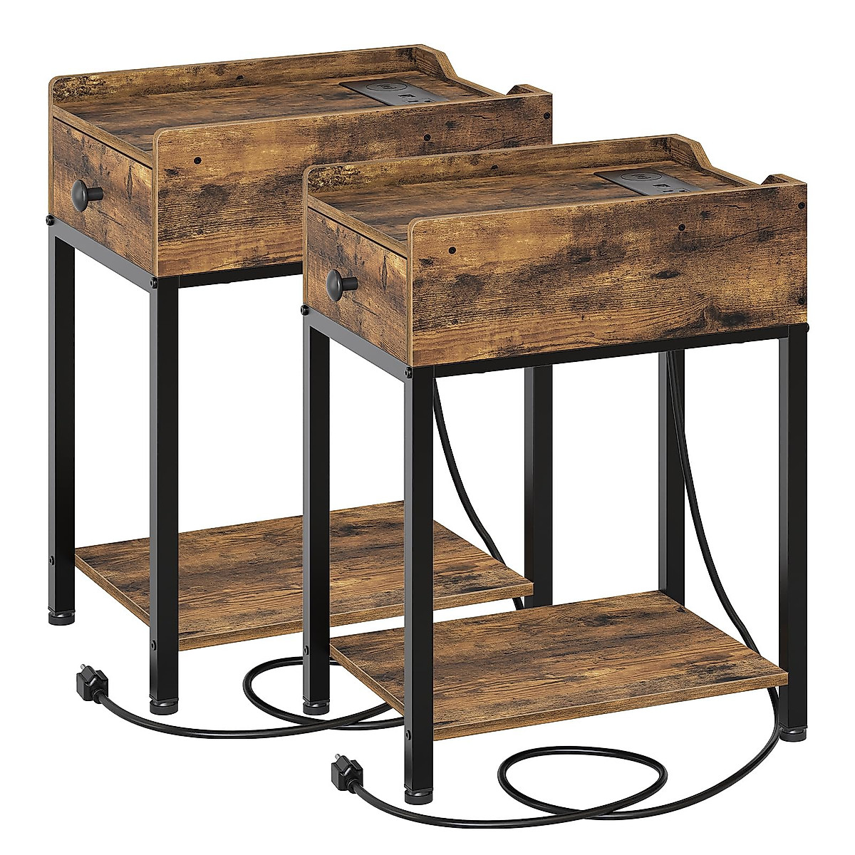 YATINEY Narrow Side Table with Drawer, Nightstand Set of 2 with Wireless Charging Station, End Table for Small Spaces, Non-Woven Fabric Drawers, for Living Room, Bedroom, Rustic Brown ET04L2BR