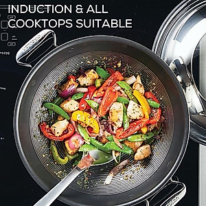 Circulon Clad Stainless Steel Wok/Stir Fry with Glass Lid and Hybrid SteelShield and Nonstick Technology, 14 Inch - Silver