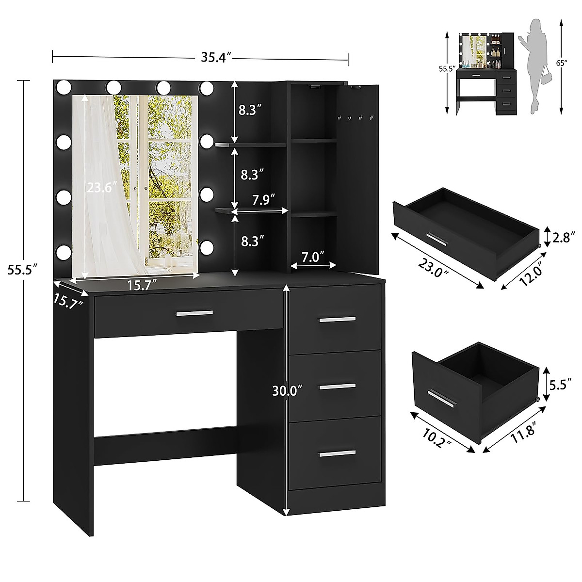 usikey Makeup Vanity with Lights, Vanity Desk with Mirror and 10 LED Lights, Vanity Table Set with 4 Drawers, Cabinet & 4 Necklace Hooks, Dressing Table for Bedroom, Black