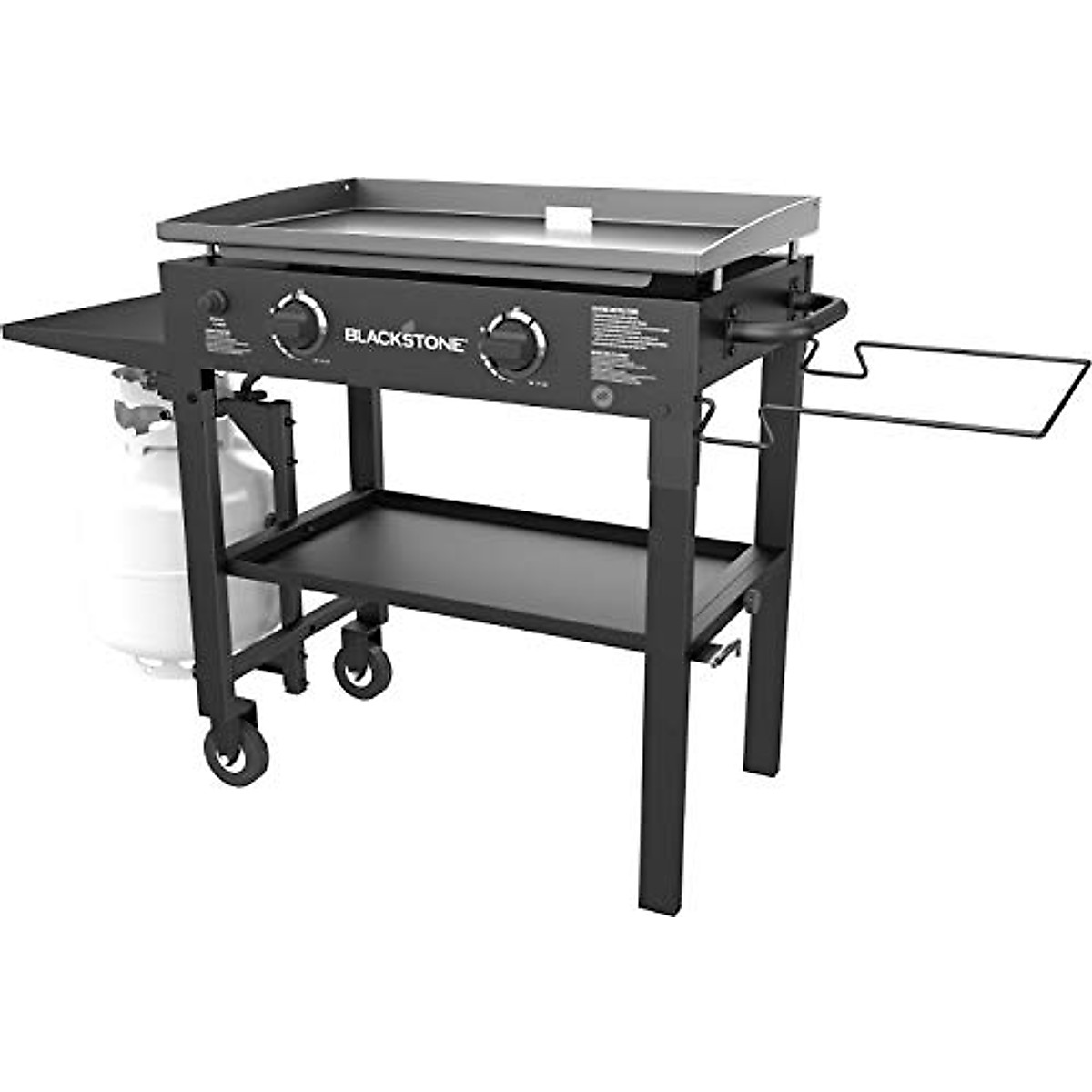 Blackstone 1853 Flat Top Gas Grill 2 Burner Propane Fuelled Rear Grease Management System 28” Outdoor Griddle Station for Camping with Built in Cutting Board and Garbage Holder, 28 Inch, Black
