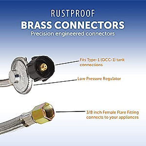 Flame King SS-QCC-3/8 5-FT Universal QCC1 Low-Pressure Propane Regulator with Stainless Steel Braided Hose for Most LP Gas Grills, Heaters, and Fire Pit Tables, 3/8" Female Flare Nut, Steel