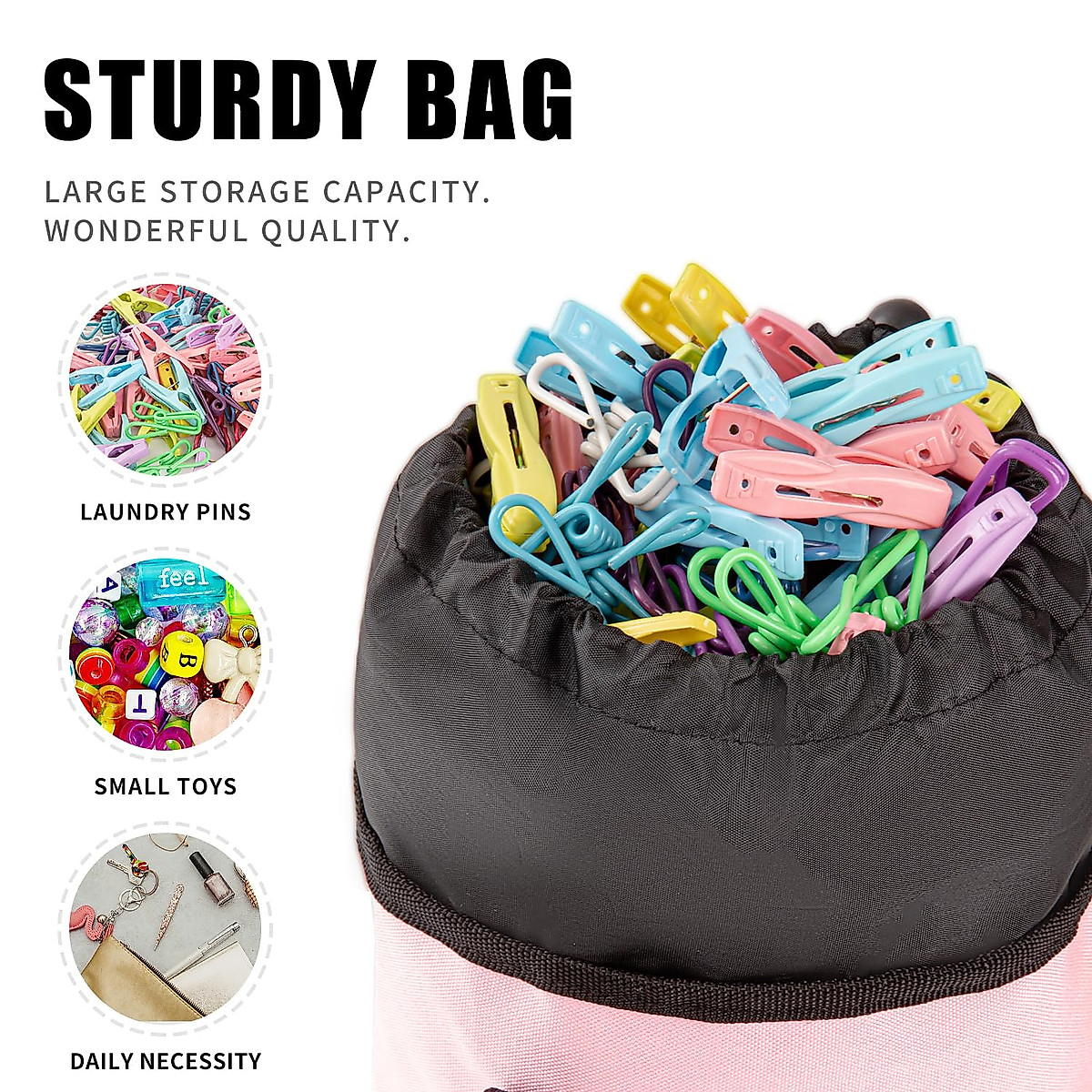 AFUOWER Clothespin Bag Holder Hanging Clothespin Bag with Hooks Large capacity Clothespin Storage Organizer for Clothesline Outdoor (Pink)