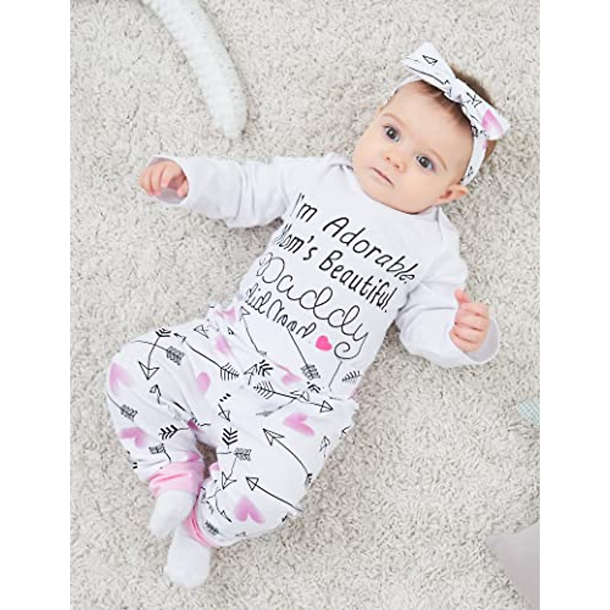 SEYOUAG Baby Girl Clothes Cute Mommy Letter Romper Arrow Heart Pants Newborn Girls Outfits Fall Winter Clothes Set (Adorable Pink, 0-3 Months)
