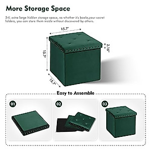 B FSOBEIIALEO Storage Ottoman Cube, Folding Tufted Ottomans with Storage,Coffee Table Top Cover, Toy Chest Storage Boxes Footrest Stool for Bedroom, Luxury Velvet Fabric 15.7 Inches Green