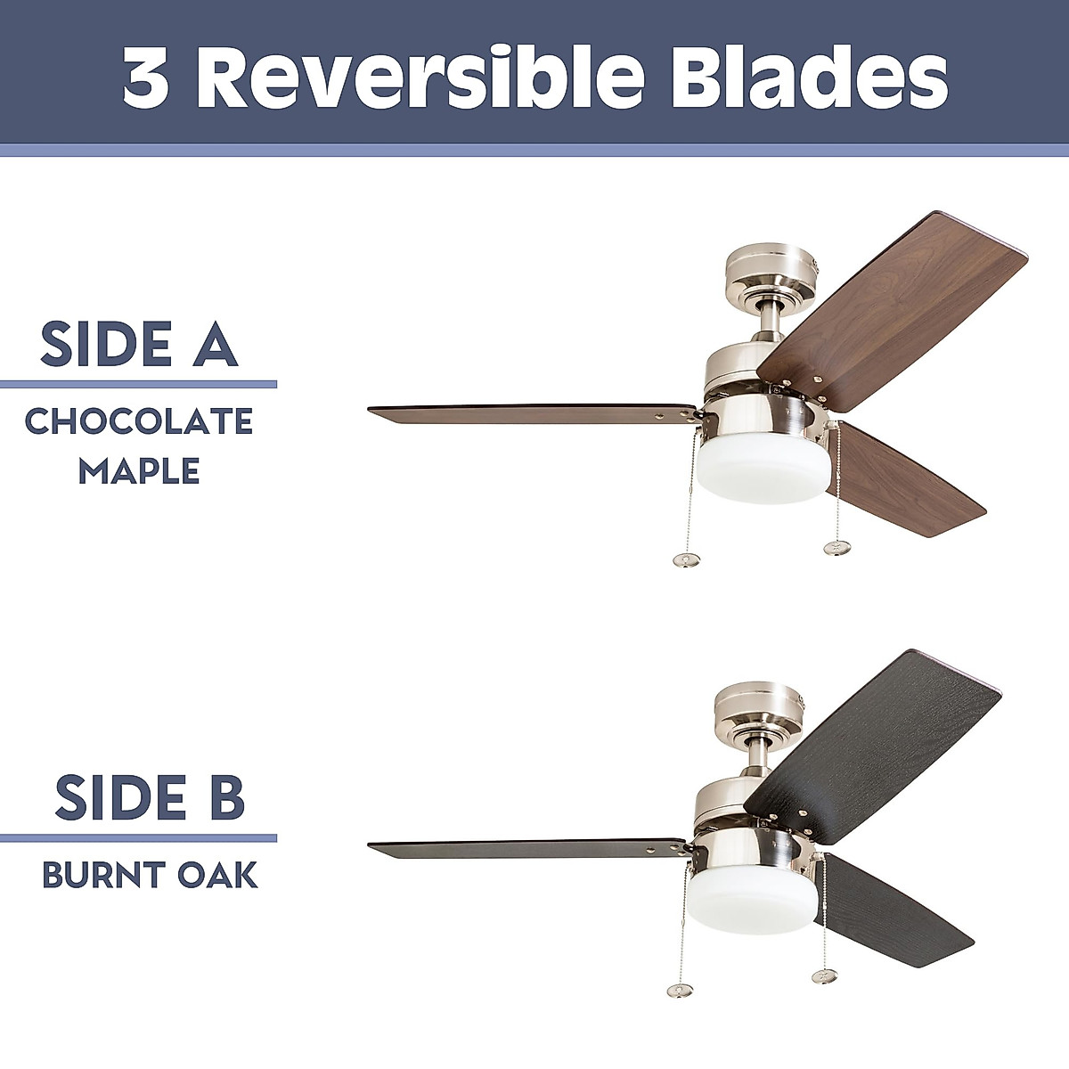 Prominence Home Reston, 42 Inch Modern Farmhouse LED Ceiling Fan with Light, Pull Chain, Dual Mounting Options, Dual Finish Blades, Reversible Motor - 51014-01 (Brushed Nickel)