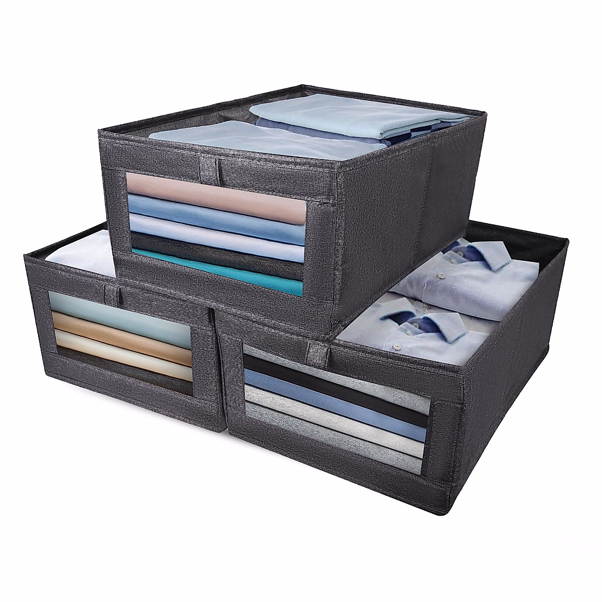 MEUVO Collapsible Storage Bins for Shelves - 3 Pack Foldable Storage Baskets for Organizing, Linen Closet Organizers and Storage with Visible Window and Handle for Clothes, 15.75" x 10.62" x 6.69"