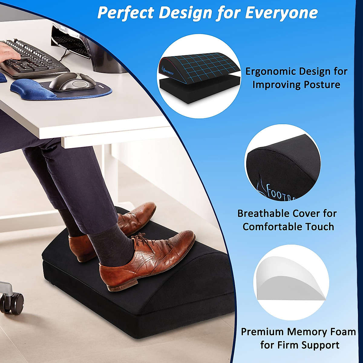 Foot Rest for Under Desk at Work, Ergonomic Foot Stool with 2 Adjustable Heights for Office, Work, Car, Gaming, Computer, Soft Foot Cushion with Memory Foam, Washable Velvet Cover, Non Slip