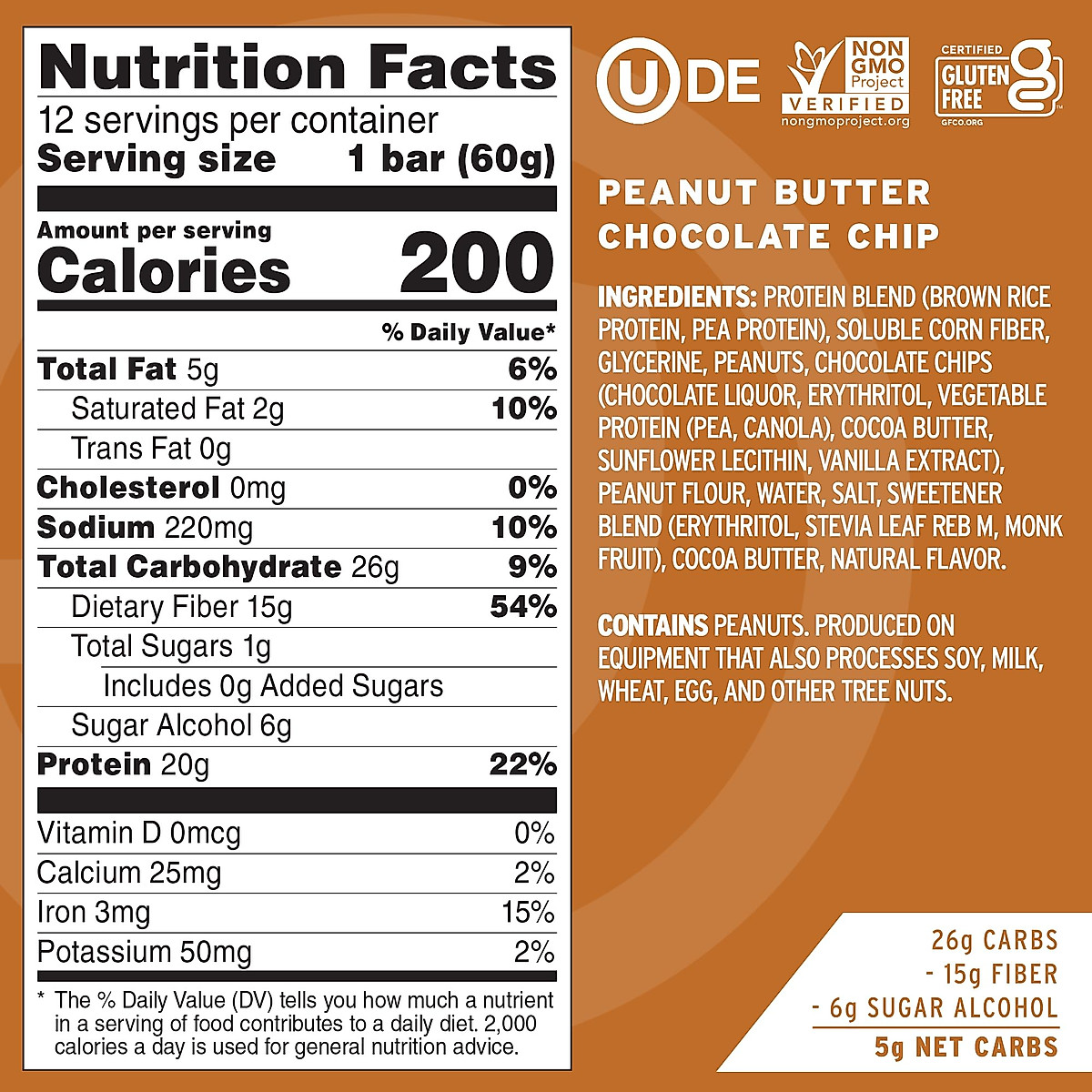 No Cow Peanut Butter Chocolate Chip Snack Food Bar, 12 Count, 20g Plant Protein, 1g Sugar, 19g Fiber, 190 Calories per Serving, Gluten Free, Dairy Free, Non-GMO, Soy Free, Kosher