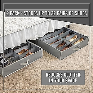 Under Bed Shoe Storage Organizer - Set of 2 – TEAR-RESISTANT Heavy Duty 600D Material - Shoe Organizer Under Bed - Fits Men's and Women's Shoes, High Heels, and Sneakers - Up to 32 Pairs - Extra-Strong Zipper - Grey - Perfect for College Dorms