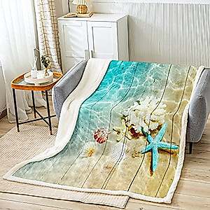 Feelyou Ocean Sherpa Blanket Coastal Beach Fleece Throw Blanket Starfish Shell Pattern Plush Blankets and Throws Summer Fuzzy Blanket for Bed Sofa Couch 90" x 90"