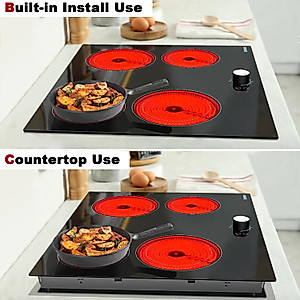 Karinear 24 Inch Electric Cooktop 4 Burners Electric Stove Top, 220-240v Built-in Electric Ceramic Cooktop with Knob Control,9 Power Levels, Black Glass,No Plug