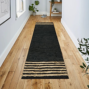 GRUHUM Jute Runner Rug 2'6"x 8' ft Natural Fibre Black Rectangular Jute Area Rug Leather Handwoven Boho Farmhouse Braided Rustic Vintage Eco Friendly Rug Kitchen Livingroom Bedroom Hallways Enterways