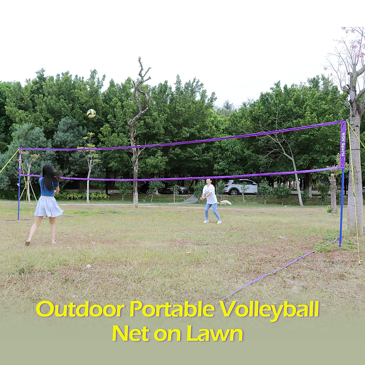 NQV Professional Portable Outdoor Purple Volleyball Net Set with Adjustable 3 Levels Height Steel Poles, Anti-sag System,Volleyball,Pump,Boundary Line and Carrying Bag for Backyard