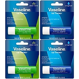 Vaseline Lip Therapy Variety 4-Pack – Original + Aloe Vera Moisturizing Lip Balm with Vitamin E, 0.16 Oz Ea