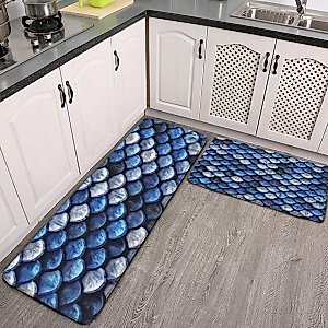 Midetoy Kitchen Rugs and Mats Set Metallic Cobalt Blue Fish Scales Anti Fatigue Kitchen Rug Non Slip Floor Rugs Indoor Outdoor 17.7"x59"+17.7"x29"