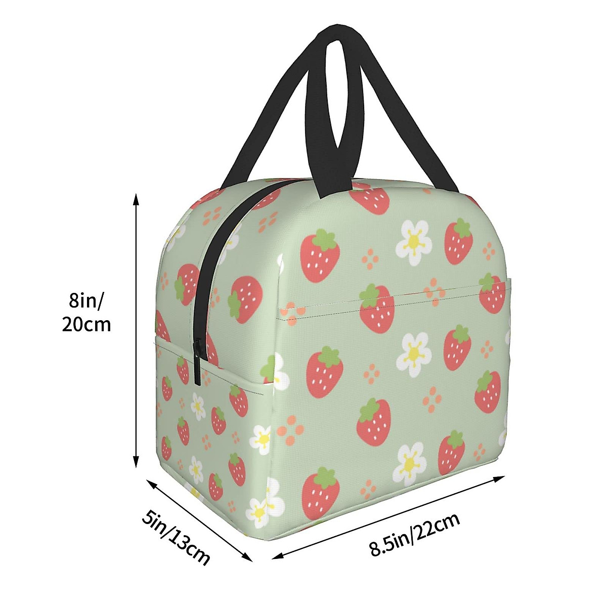Ucsaxue Green Strawberry and Flowers Lunch Bag Small Insulated Lunch Box with Front Pocket Aesthetic Lunch Bags for Girls Boys Freezable Bento Box Women Men Lunch Boxes
