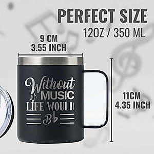 Onebttl Music Lover Gifts For Men, Male, Him - Without Music Life Would B Flat - 12 oz /350 ml Insulated Mugs with Lid - Musician Gifts, Musical Lovers Gift - (Black)