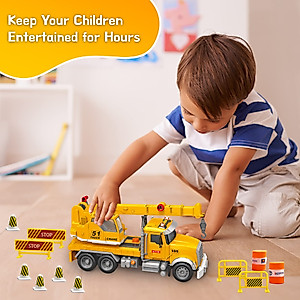 Crane Fire Truck Toy Truck Set - Kids Construction Crane Truck w/ Extending Arm, Rotation, Various Props and Buttons + Sounds & Lights - Toy Crane Truck for Boys Age 4-7, Girls, 3 Years Old+