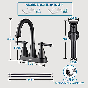 Matte Black Bathroom Sink Faucet, SBOSBO 4 Inch Bathroom Faucet for Sink 3 Hole, 2 Handle Sink Faucet with Pop Up Drain Assembly and 2 Water Supply Hoses for RV Bathroom Vanity