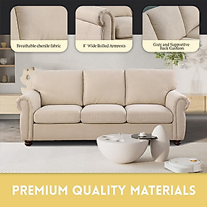 jurmiture 84" Modern 3 Seater Couches, Fabric Linen Deep Seat Sofa Mid Century Couches with Rolled Arms, Comfy Three Seater Couch Sofa with Turned Wooden Legs, Beige 3 Cushion Couches for Living Room