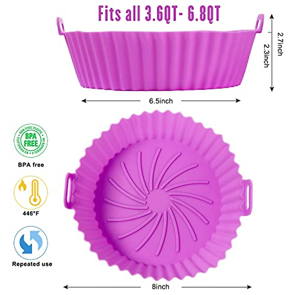 3 PCS of Air Friyer Liner, Air Fryer Silicone Liners Comes with Refillable Stainless Steel Grinder, Silicone Airfryer Liners, Round Air Fryer Accessories,Pink and Purple Silicone Air Fryer Liner