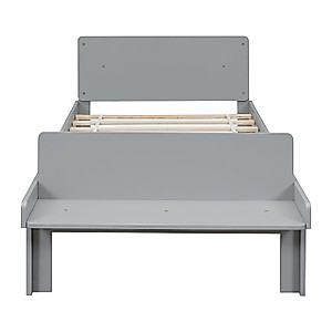 Kids Bed Twin Size, Wood Platform Bed with Headboard and Footboard Bench, Wooden Twin Bed Frame with Slats Support for Boys Girls, No Box Spring Needed, Gray