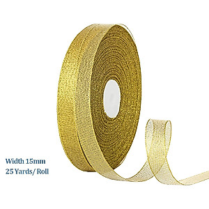 2 Rolls 50 yards Metallic Gold Glitter Ribbons, 5/8 Inch Sparkly Fabric Width Ribbon for Gift Wrapping, crafts, Holiday Wedding Birthday Party Decoration Floral DIY work, (25yards gold ribbon, 2 pack)