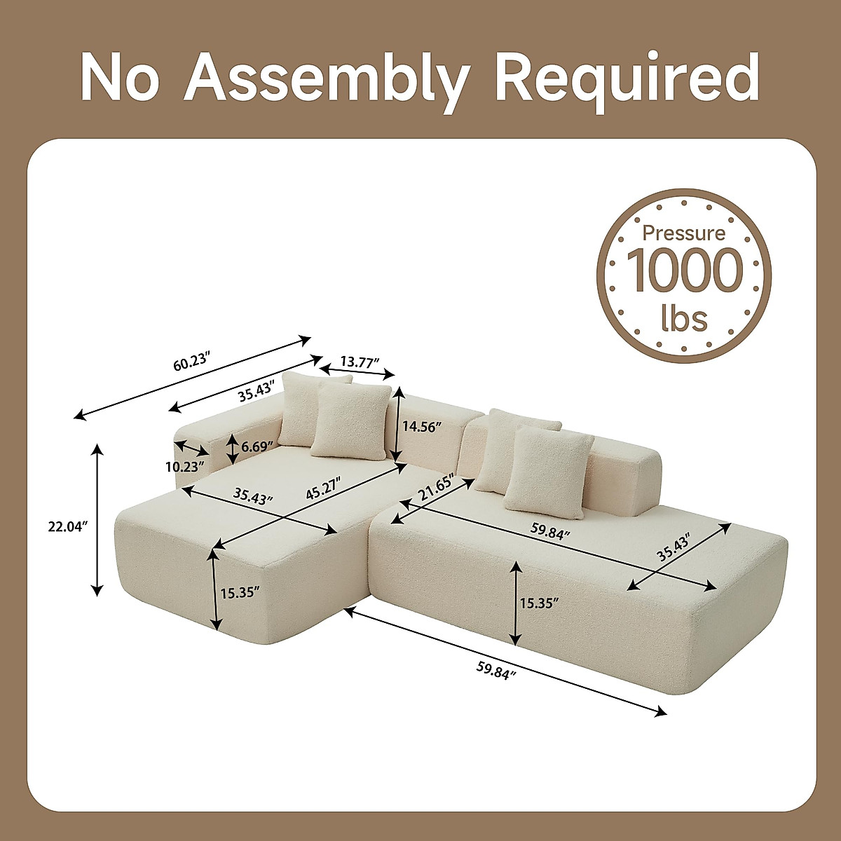 VASOENY 105.5 X 60.2'' L Shaped Sectional Sofa, Sherpa Fabric L Shaped Couch, 3 Seat Corner Sofa Couch, Modern Upholstered Couch with 4 Pillow Left Hand Lounge for Living Room, Office