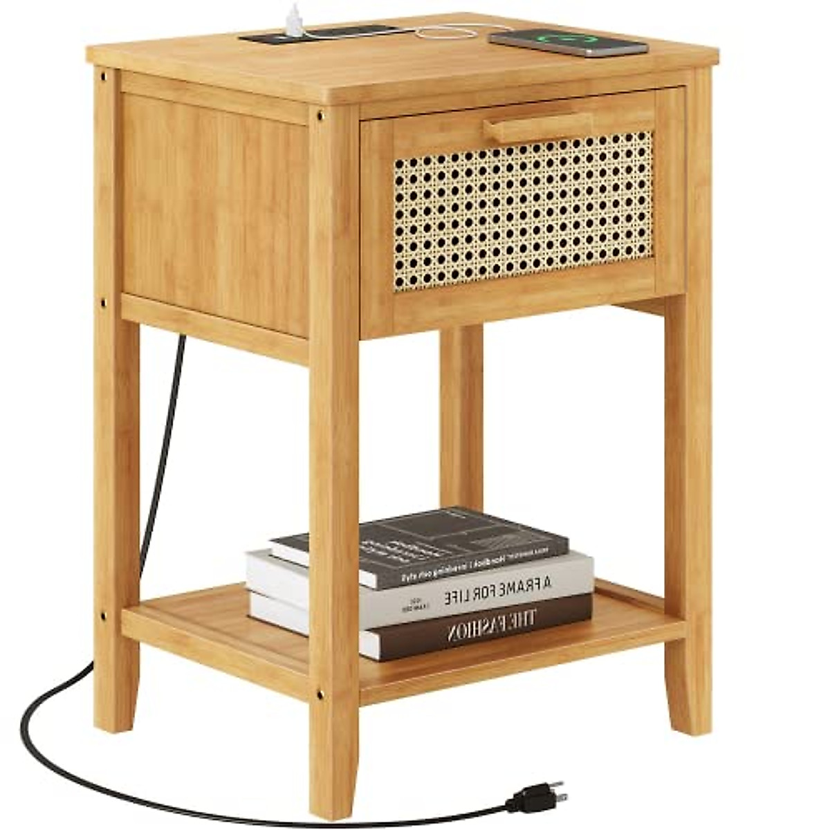 VIAGDO Nightstand with Charging Station, Bamboo End Table, Bedside Table with Rattan Drawer, Night Stand for Bedroom, Natural
