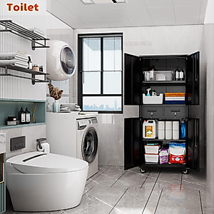 LOCENHU Garage Cabinet with Locking Doors,Tool Storage Cabinet with 4 Wheels and 2 Drawer and Adjustable Shelves- 71" H Rolling Storage Cabinet for Garage,Warehouse,Home,Office,School(Black)