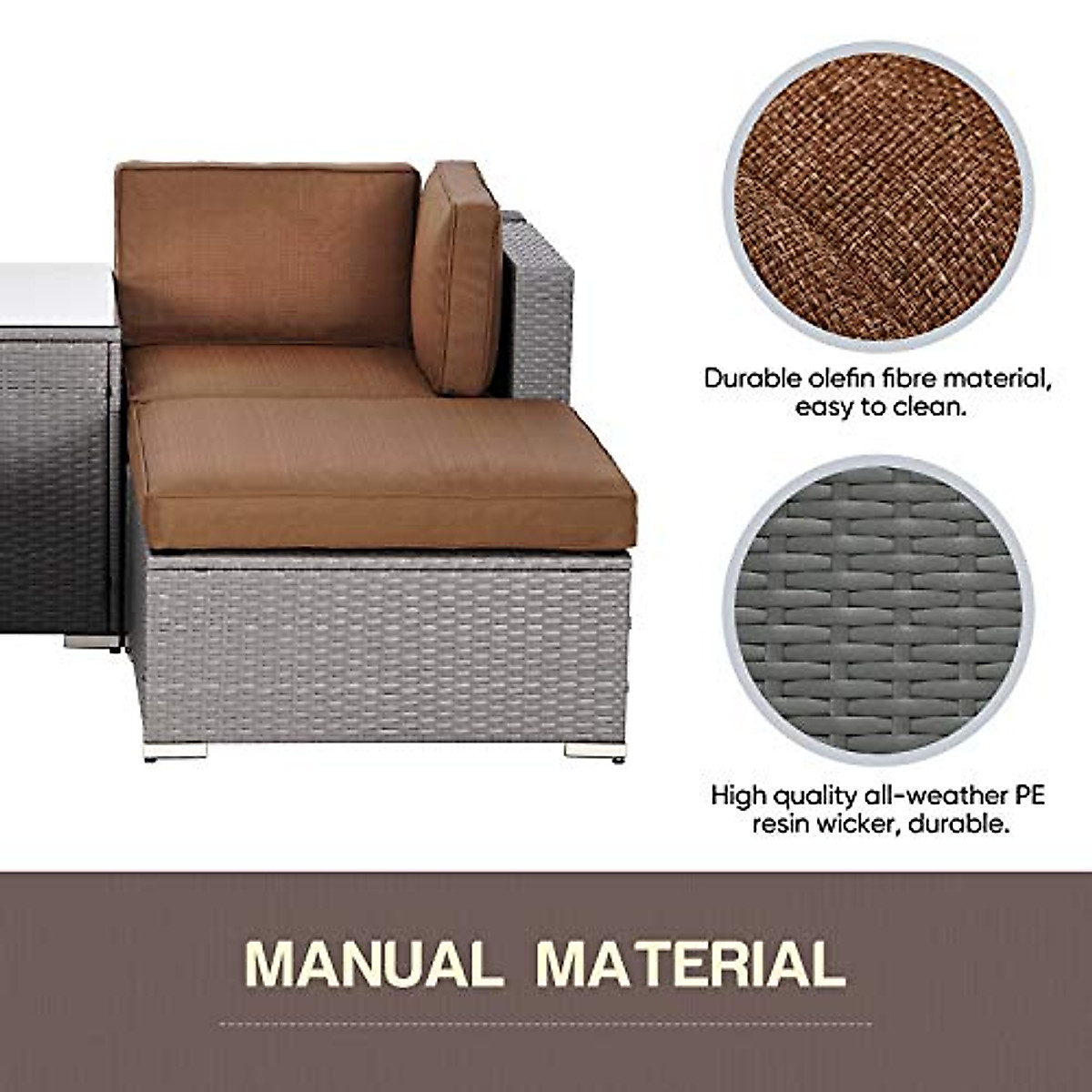 SOLAURA 5-Piece Outdoor Patio Furniture Set, PE Rattan Wicker Chair Sectional Sofa Set with YKK Zipper and Glass Coffee Table - Brown