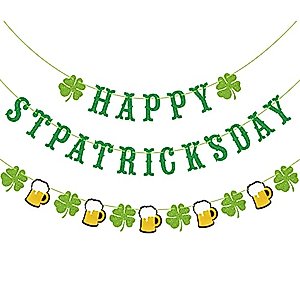 St Patricks Day Banner, SEPGLITTER 3 Strings St. Patrick's Banner Gold Glitter Saint Patricks Day Decorations Happy St. Patrick's Day Banner Decor with Clover Signs for Shamrock Garland Party Supplies