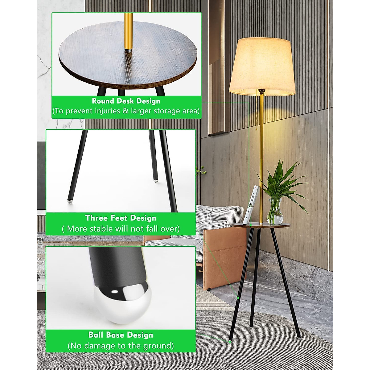 bulbeats Tripod Floor Lamp with Shelf, Side End Table with Lamp, 3000K E26 LED Bulb Included, Modern Standing Lamp with Pull Chain Switch for Living Room Bedroom