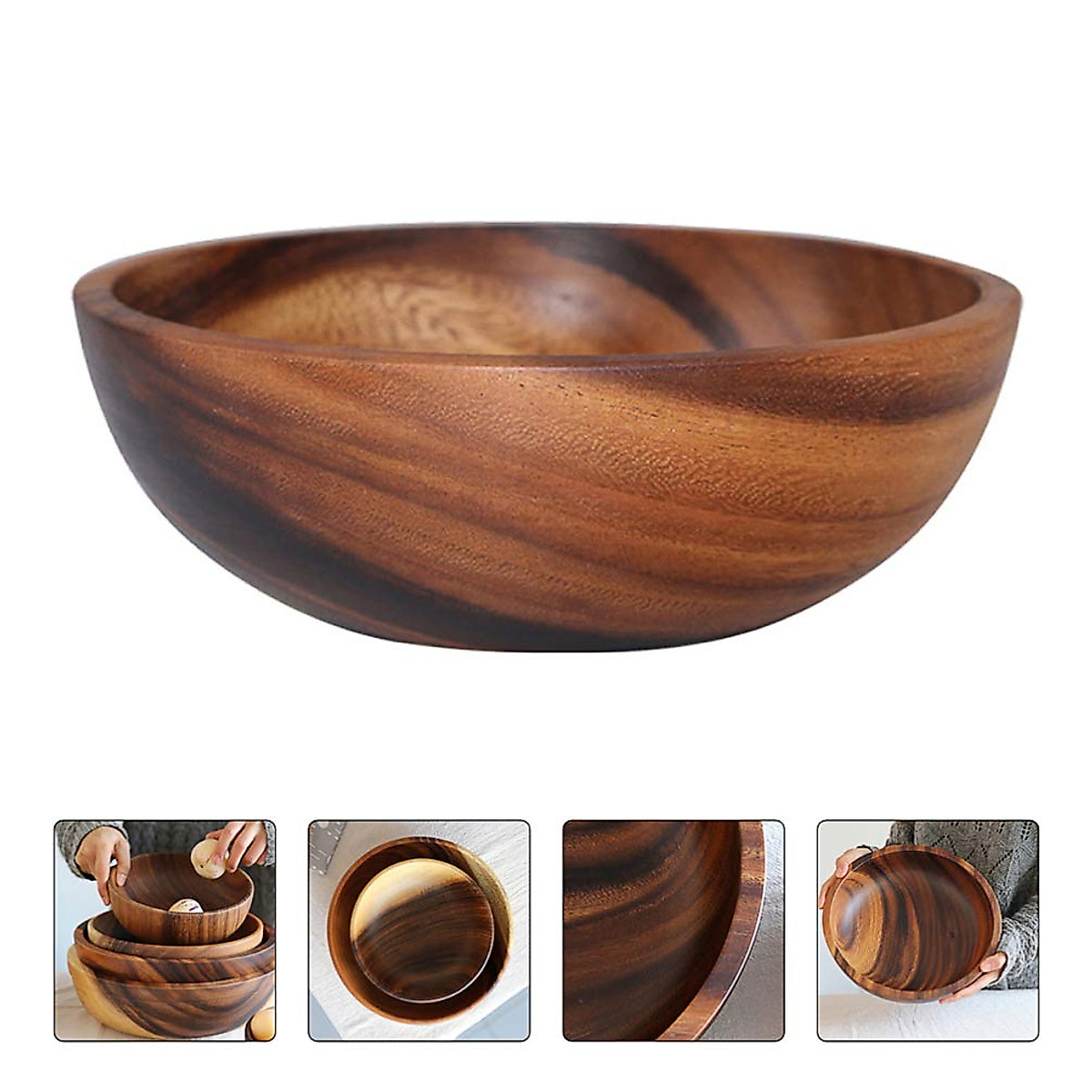 Cabilock Acacia Wood Salad Bowl Wooden Serving Bowl Round Soup Bowl for Fruits Salads Pasta Snack Decoration