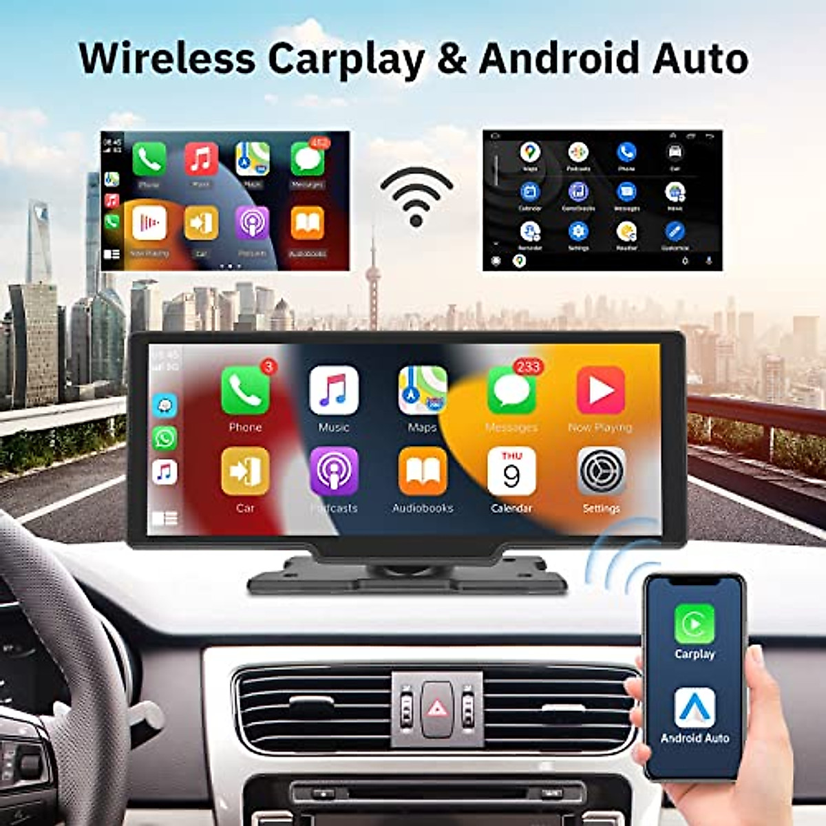 Portable Car Stereo Wireless Apple Carplay Android Auto with Backup Camera, 10.26" IPS Touchscreen GPS Navigation Head Unit, Bluetooth, Voice Control, AUX, 64G TF Card, Car Radio Receiver