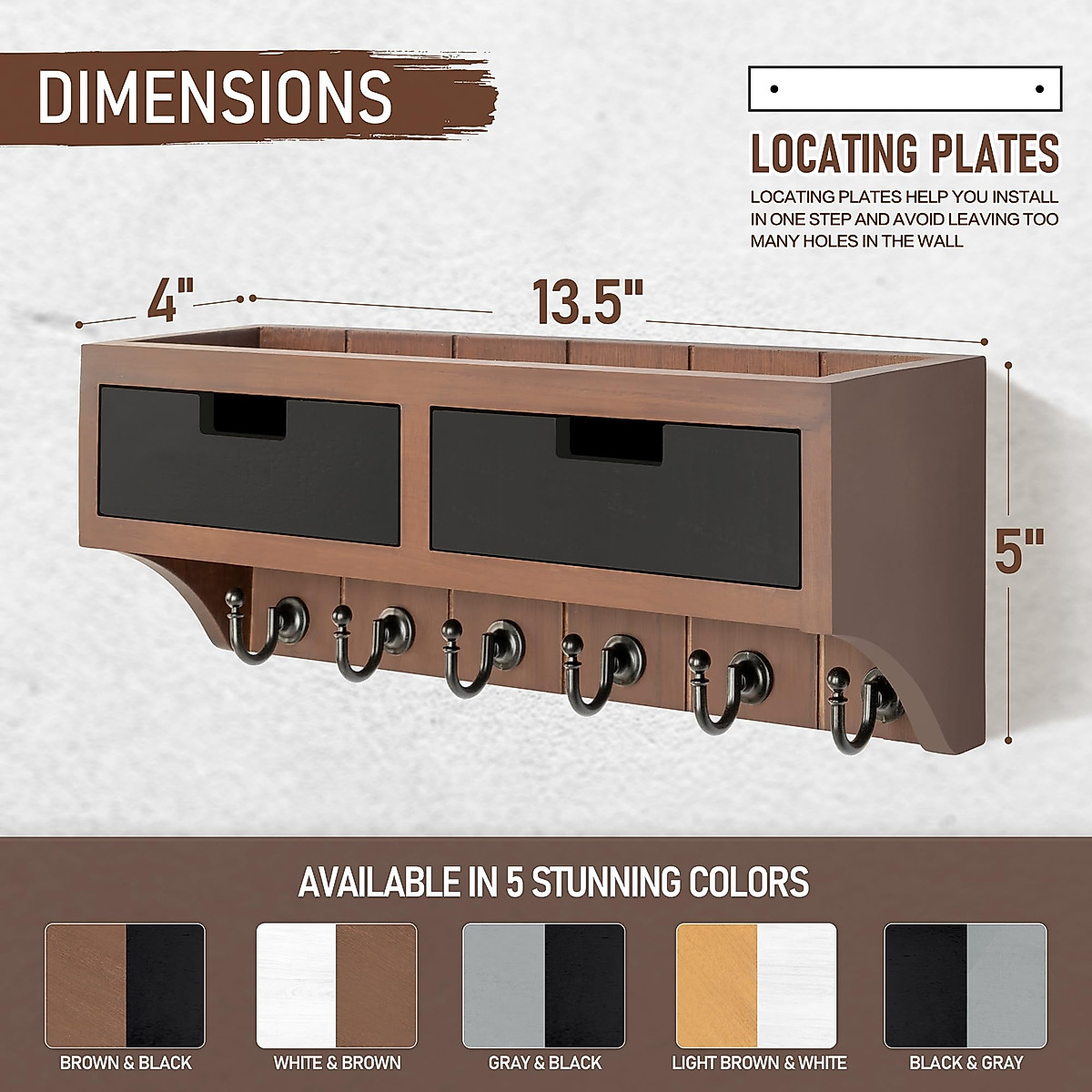 Rebee Vision Modern Farmhouse Key Holder Wall Mount with 2 Drawer Organizer : Mail Organizer with 6 Key Hooks and Wall Shelf - Home Organization for Room Decor (Brown & Black)