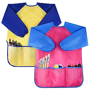 Bassion 2 Pack Kids Art Smocks Toddler Smock Waterproof Artist Painting Aprons Long Sleeve with 3 Pockets for Age 2-6 Years Gifts(yellow pink)